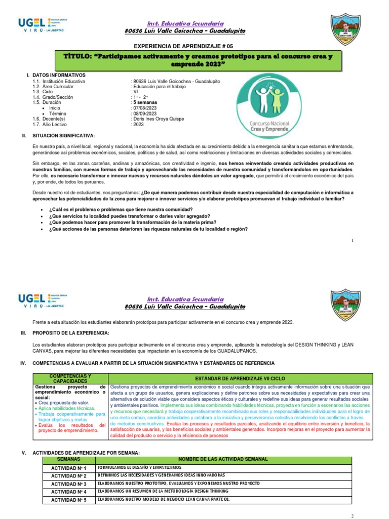 1° y 2° - Experiencia de Aprendizaje N°-05 Ept - 2023 | PDF | Iniciativa empresarial | Aprendizaje