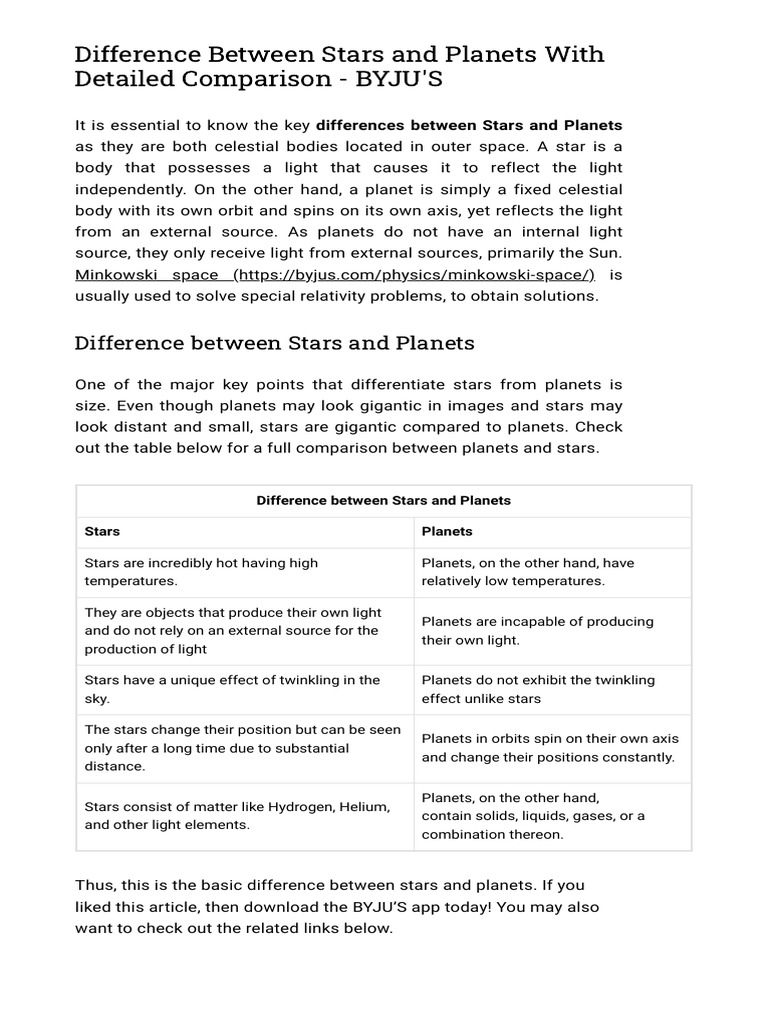 Difference Between Stars and Planets With Detailed Comparison | PDF ...