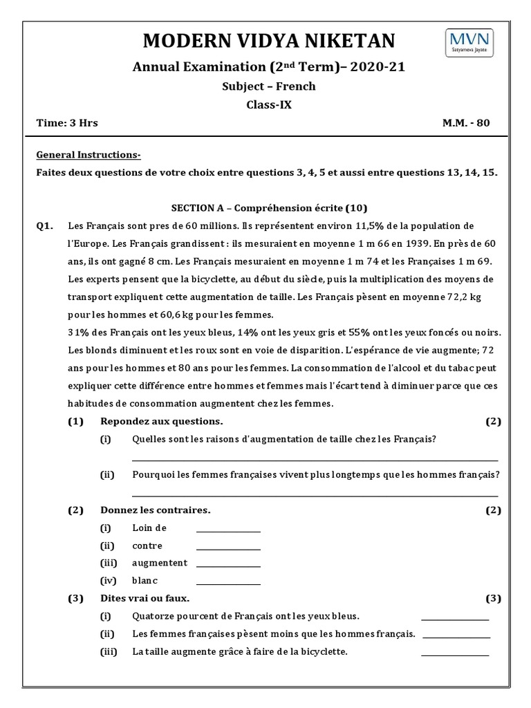 Examen de Français - Classe IX | PDF