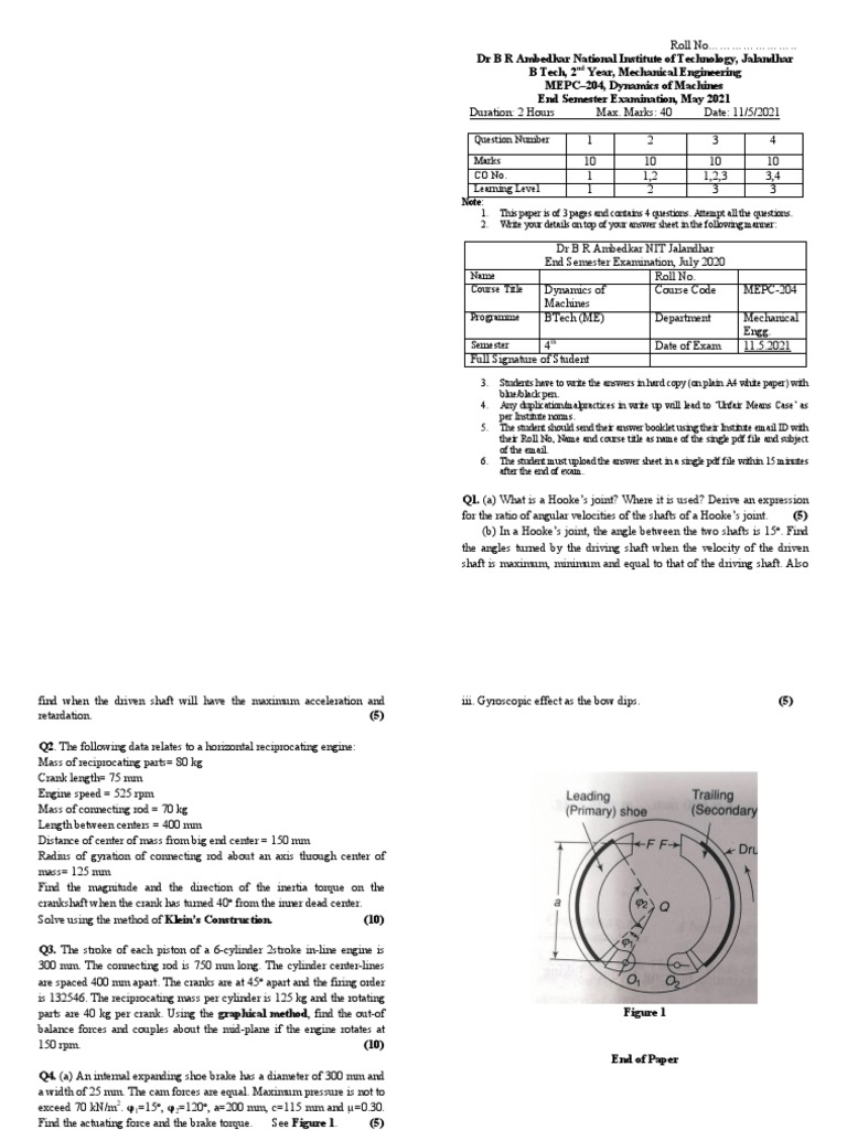 Dynamics of Machines Exam May 2021 | PDF | Teaching Methods & Materials | Technology & Engineering