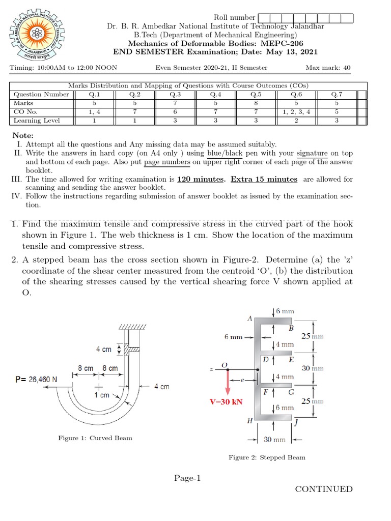 END SEM EXAM PAPER 2021 MEPC 206 Set-1 | PDF | Beam (Structure) | Stress (Mechanics)