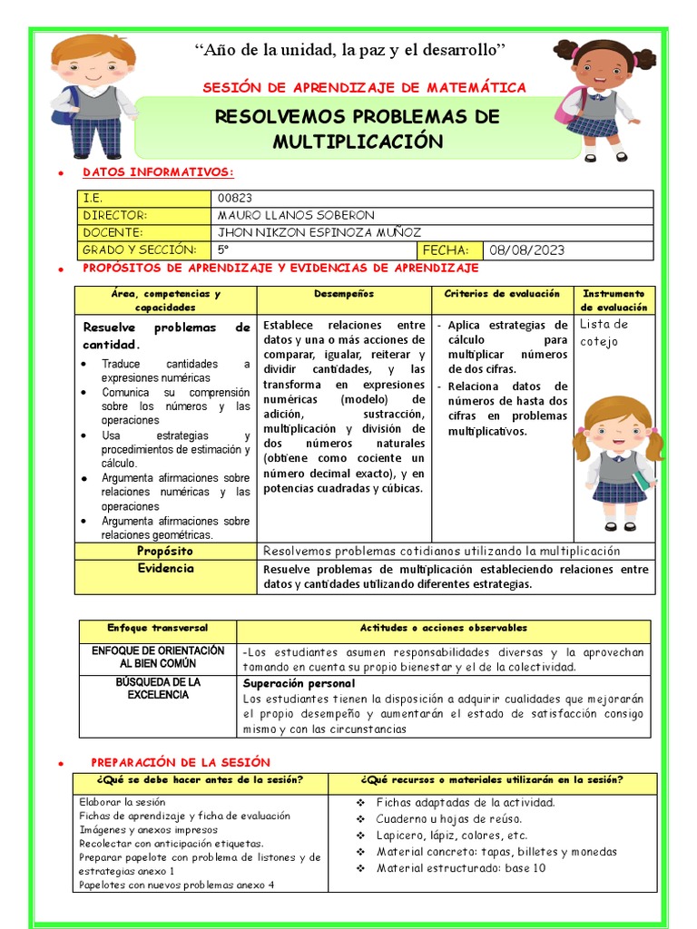 Sesion Resolvemos Problemas de Multiplicación | PDF | Multiplicación | Evaluación