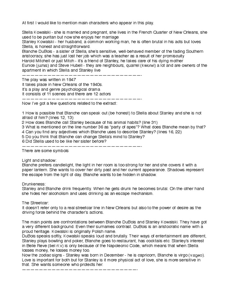 The Streetcar Named Desire - Summary | PDF