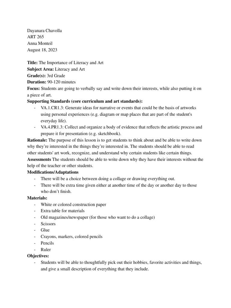 Art Lesson Plan | PDF | Drawing | Learning