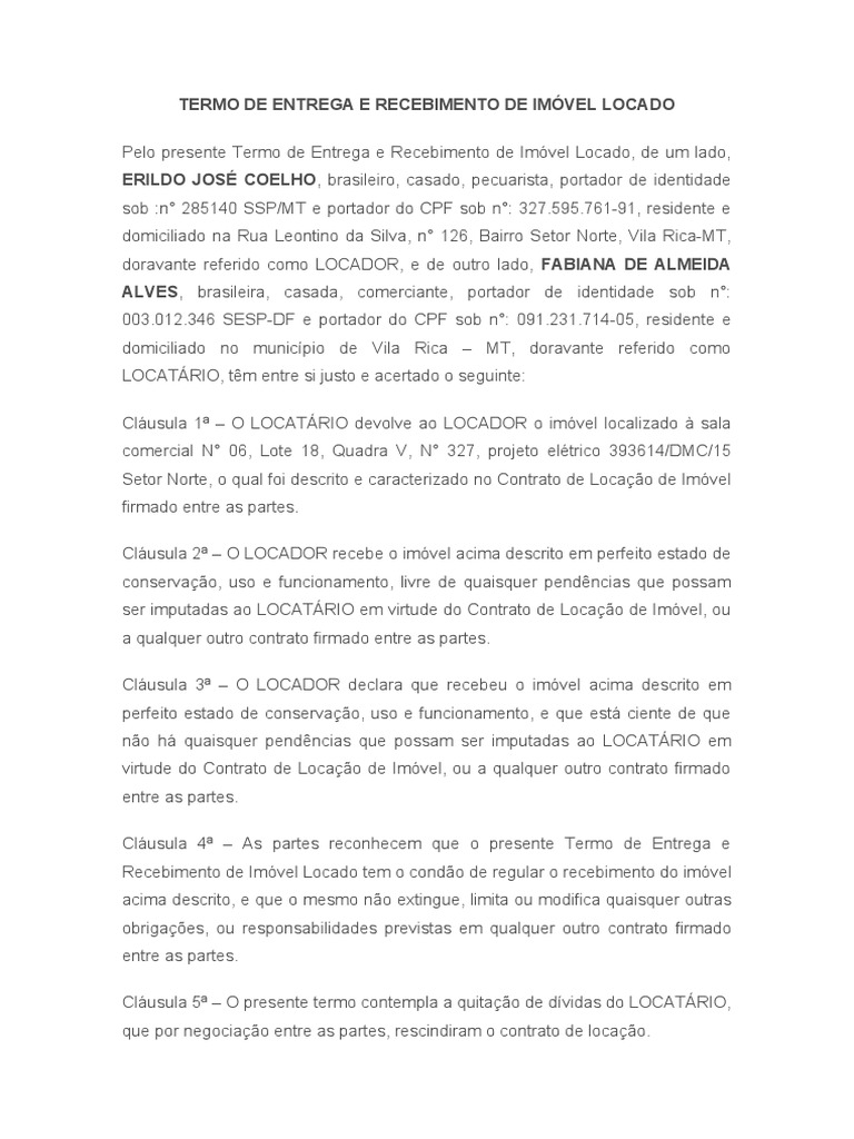 Termo de Entrega e Recebimento de Imóvel Locado | PDF