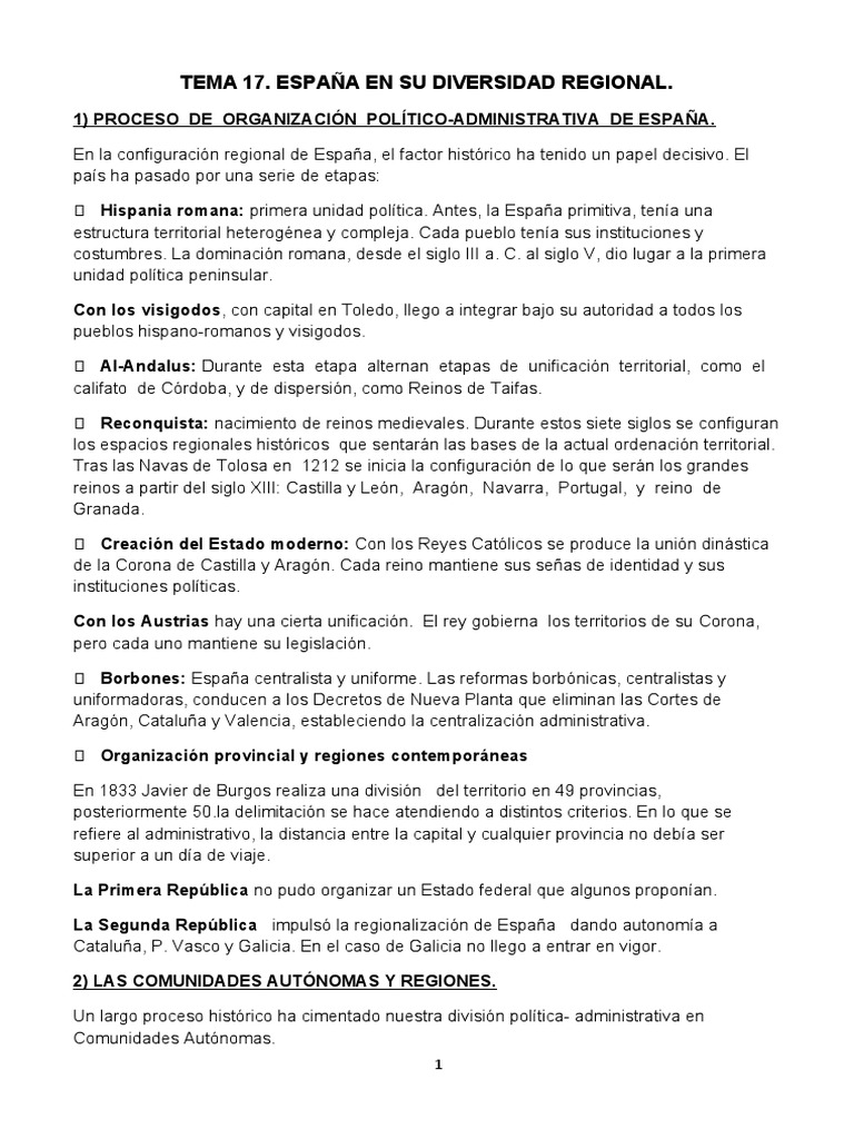 Tema 17. España en Su Diversidad Regional | PDF