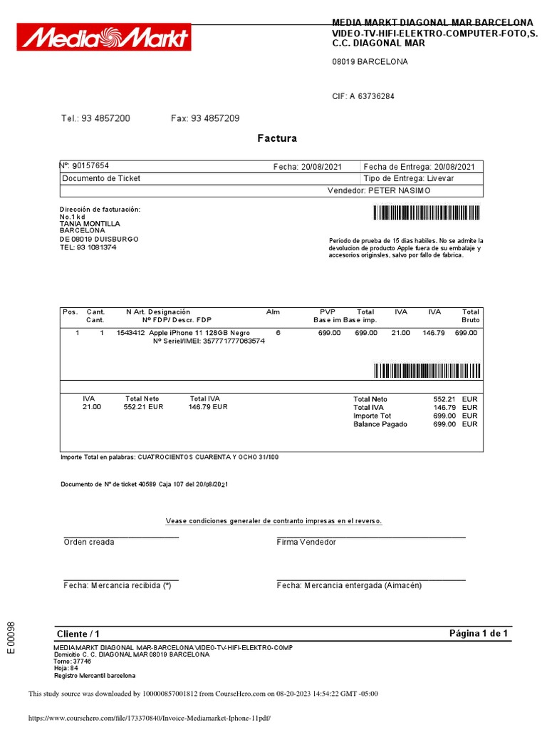 Invoice Mediamarket Iphone 11 PDF | PDF