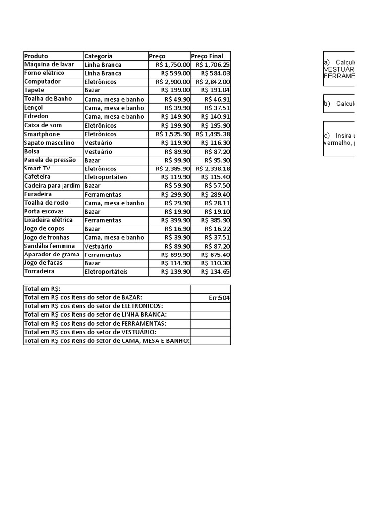 Exercício Complementar de Excel - ATUALIZADO | PDF