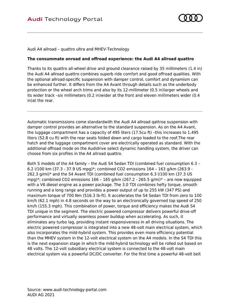 ATP Audi A4 Allroad Quattro Ultra and Mhev Technology | PDF | Car Manufacturers | Motor Vehicle ...