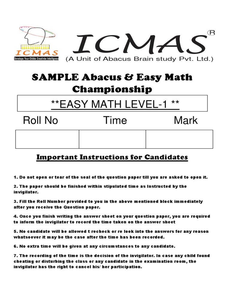 Easy Math Championship Sample Questions Paper | Download Free PDF | Mathematics