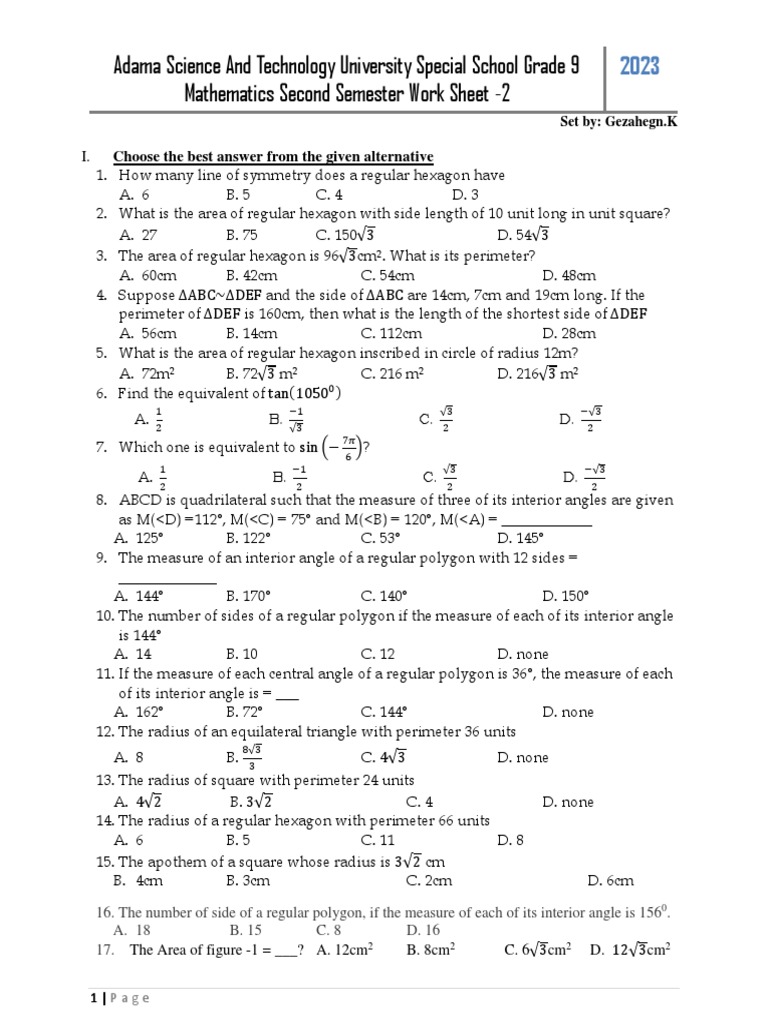 Grade 9 Maths Second Sem. Work Sheet For Mid | PDF | Mathematics ...