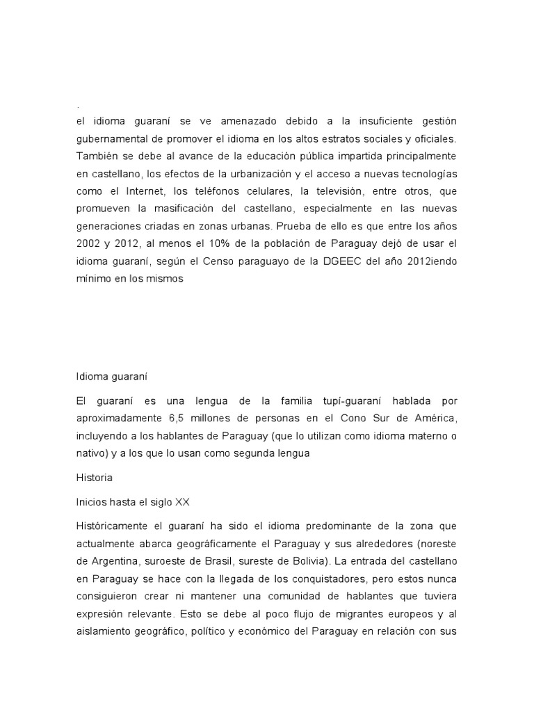 El idioma guaraní en Paraguay: historia y actualidad | PDF | Paraguay ...