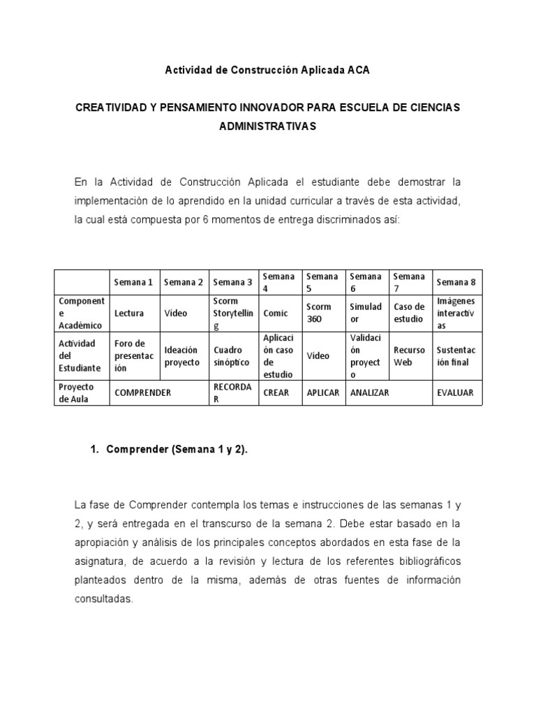 Actividad de Construcción Aplicada ACA Creatividad Y Pensamiento Innovador para Escuela de ...