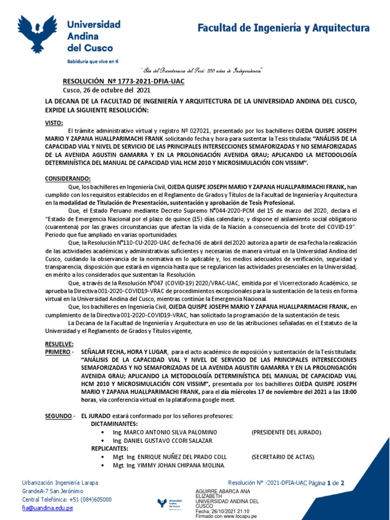 resolucion de fecha y hora de sustentacion de tesis | PDF