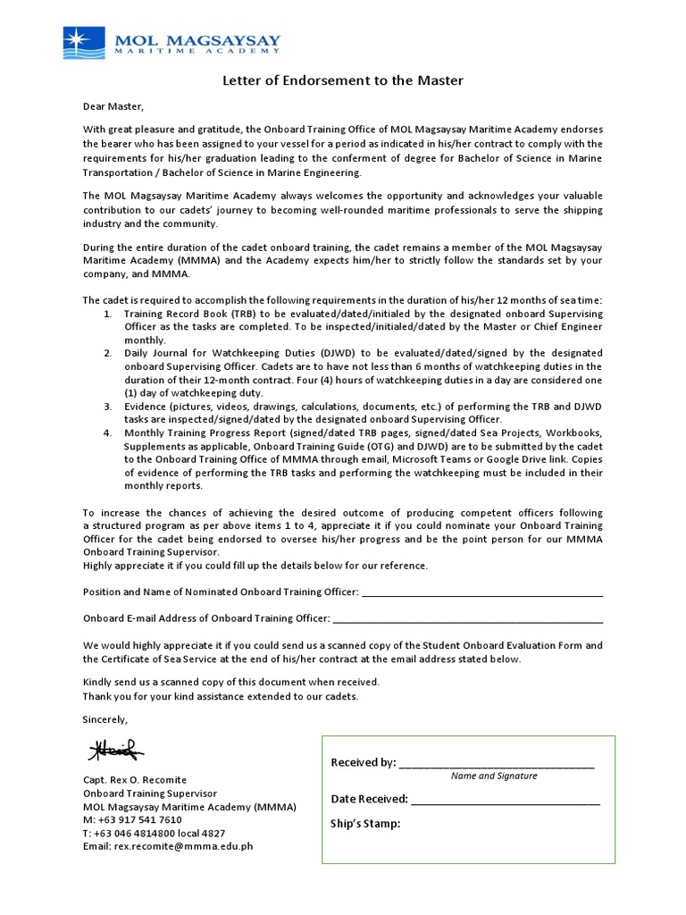 Mol Endorsement Letter To Master | PDF