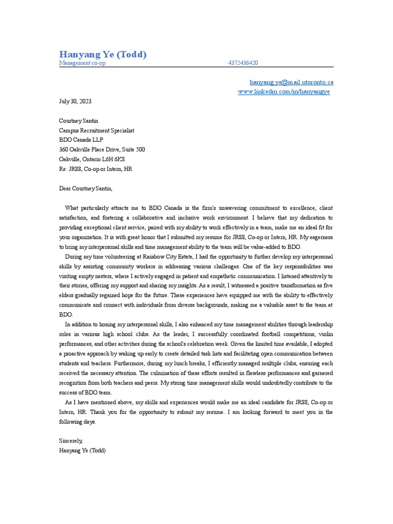 Cover Letter - Hanyang Ye - BDO | PDF | Organizational Behavior