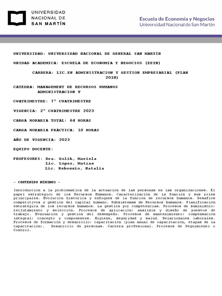 Programa Management de RRHH - 2C 2023 | PDF | Gestión de recursos ...