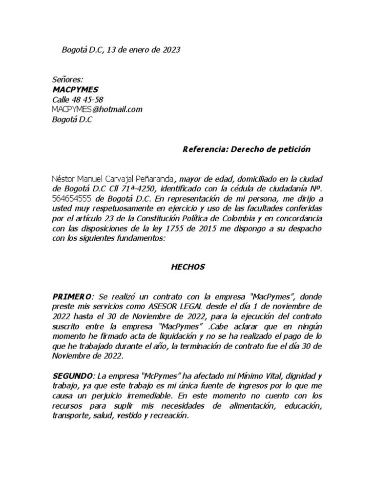 Formato Derecho de Peticion | PDF | Finanzas y dinero | Derecho