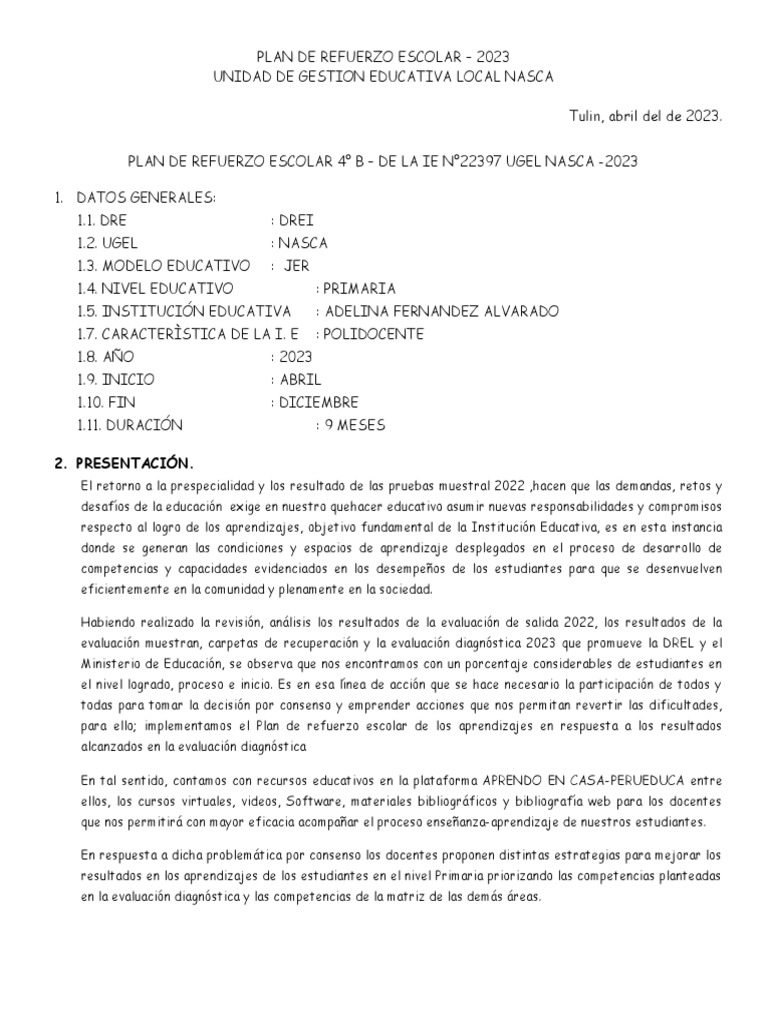 Plan De Refuerzo Escolar 1 Descargar Gratis Pdf Evaluación
