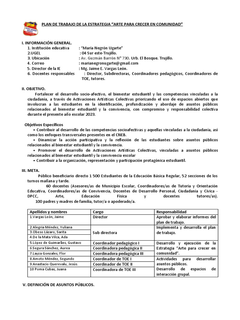 Plan trab. estrategia Arte para crecer en comunidad | PDF