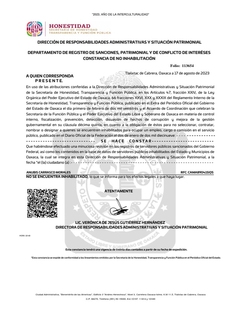 Constancia de No Inhabilitación Oaxaca | PDF | Gobierno