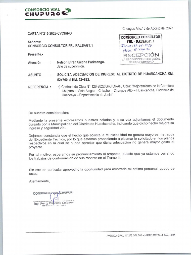 Carta N°216-2023-Cvch - Adecuacion KM 52+760 - 52+882 Ingreso A Huasicancha | PDF