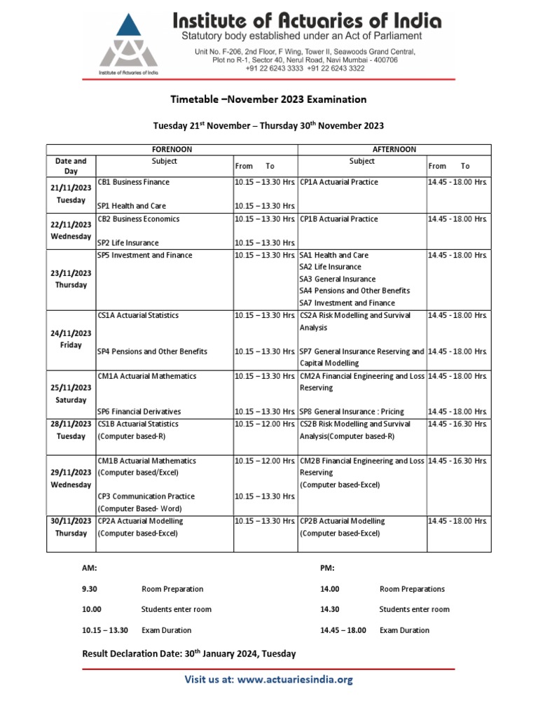 Timetable November 2023 Actuarial Examination | PDF