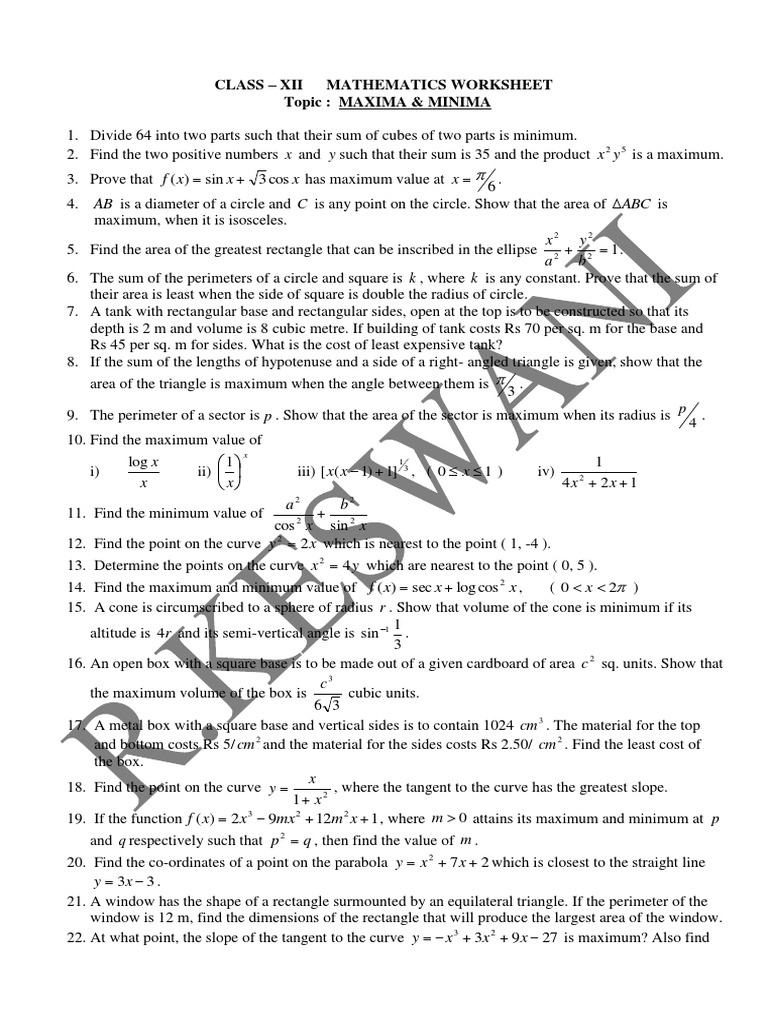 Worksheet Xii Maxima and Minima | PDF
