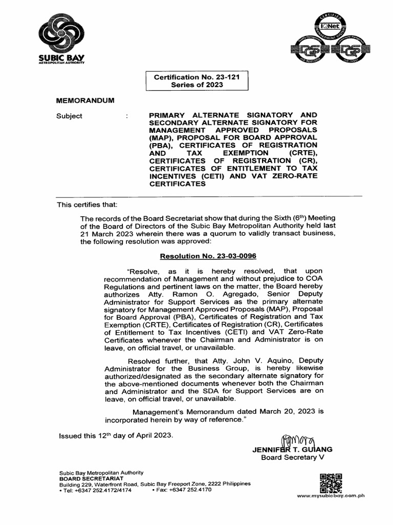 23-121 Primary Alternate Signatory and Secondary Alternate Signatory For Map, Pba, Crte, CR ...