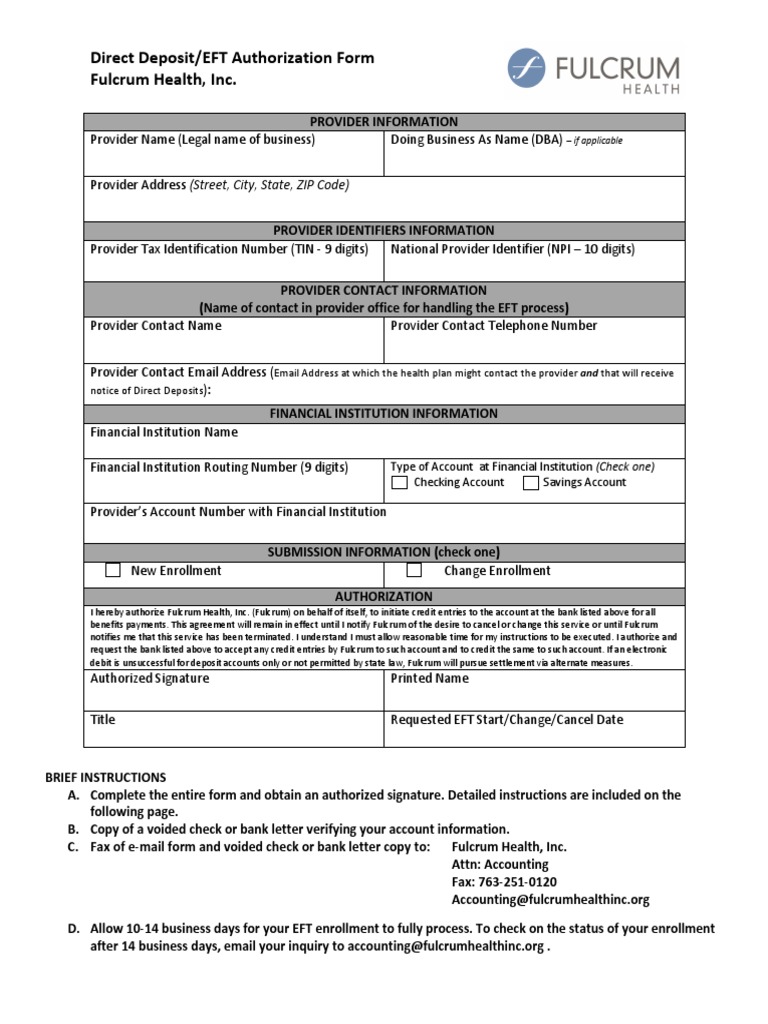 Fulcrum Direct Deposit EFTAuthorization Form | PDF | Cheque | Credit Card
