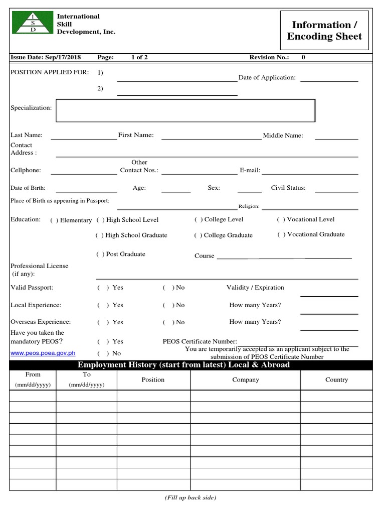 F001 OP R Encoding Sheet | PDF | Travel Visa | Government And Personhood