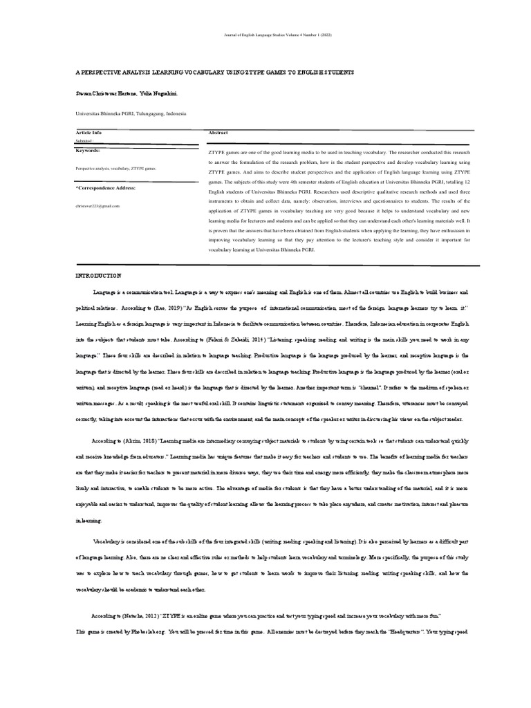 Article of A Perspective Analysis Learning Vocabulary Using Ztype Games ...