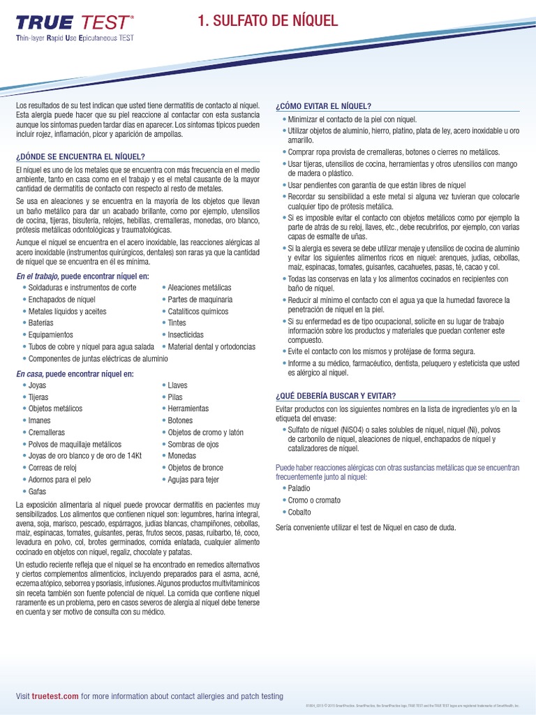 TRUE TEST Allergen Info - SULFATO DE N+ìQUEL | PDF | Níquel | Alergia