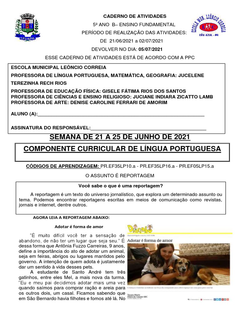Atividades 5º Ano B - Período de Realização 21-06-2021 A 02-07-2021 ...