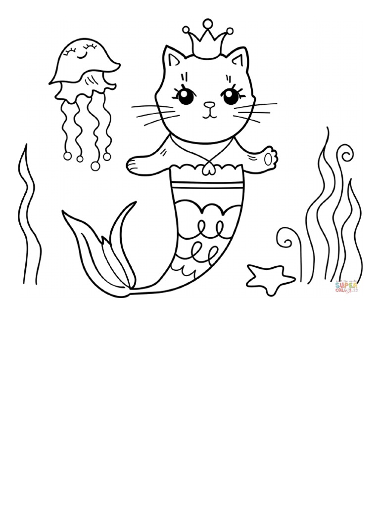 Mermaid Kitty Coloring Page - Free Printable Coloring Pages | PDF
