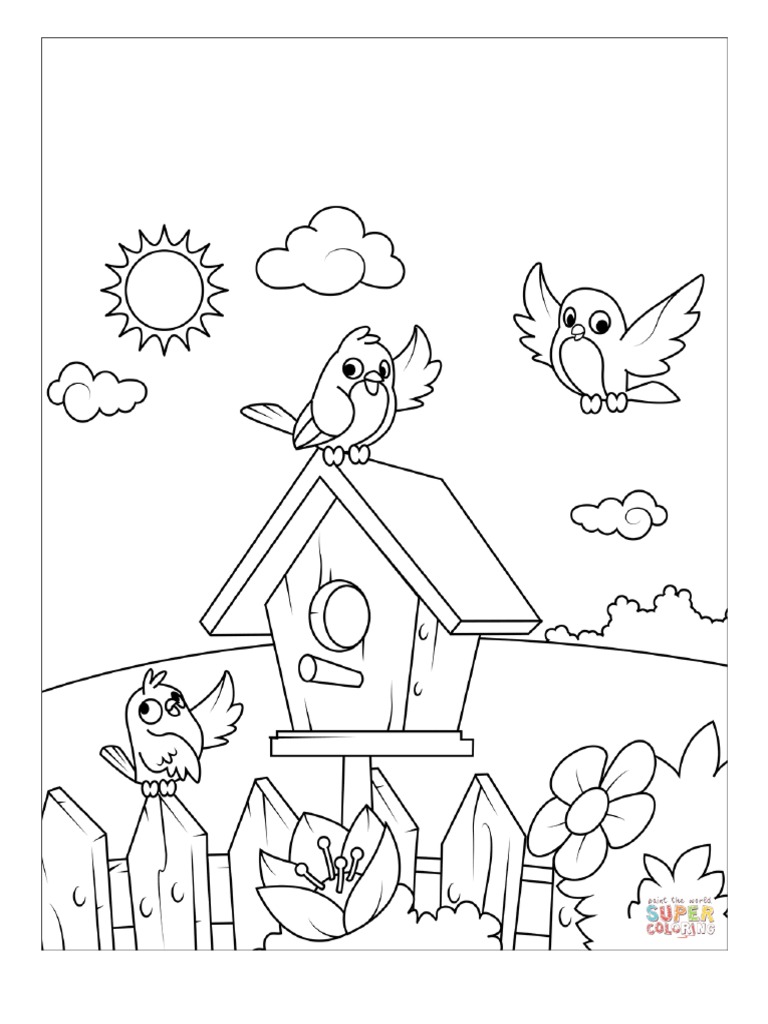 Birds Near A Birdhouse Coloring Page - Free Printable Coloring Pages | PDF
