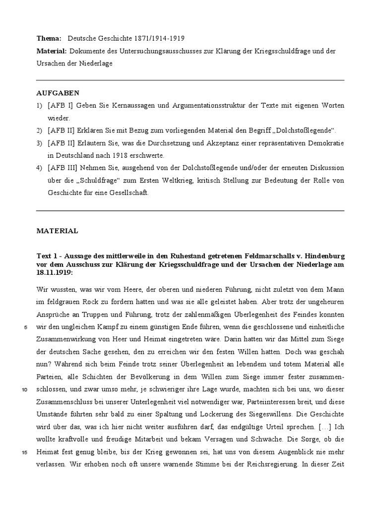 Klausur 12 20 Jahrhundert Dolchstoc39flegende | PDF