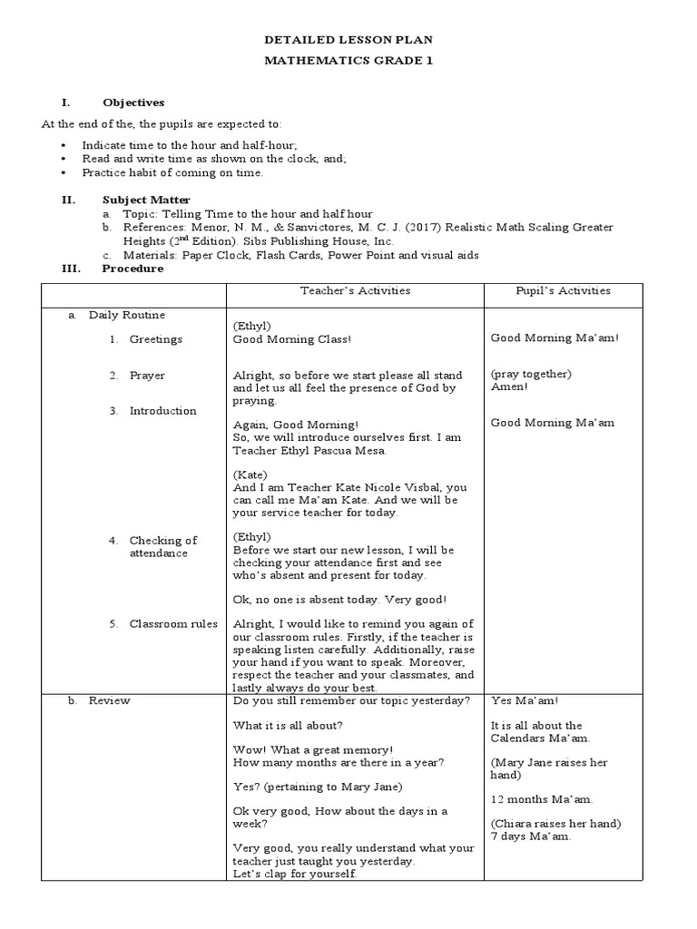 DLP Math 1 Telling Time To The Hour and Half Hour | PDF