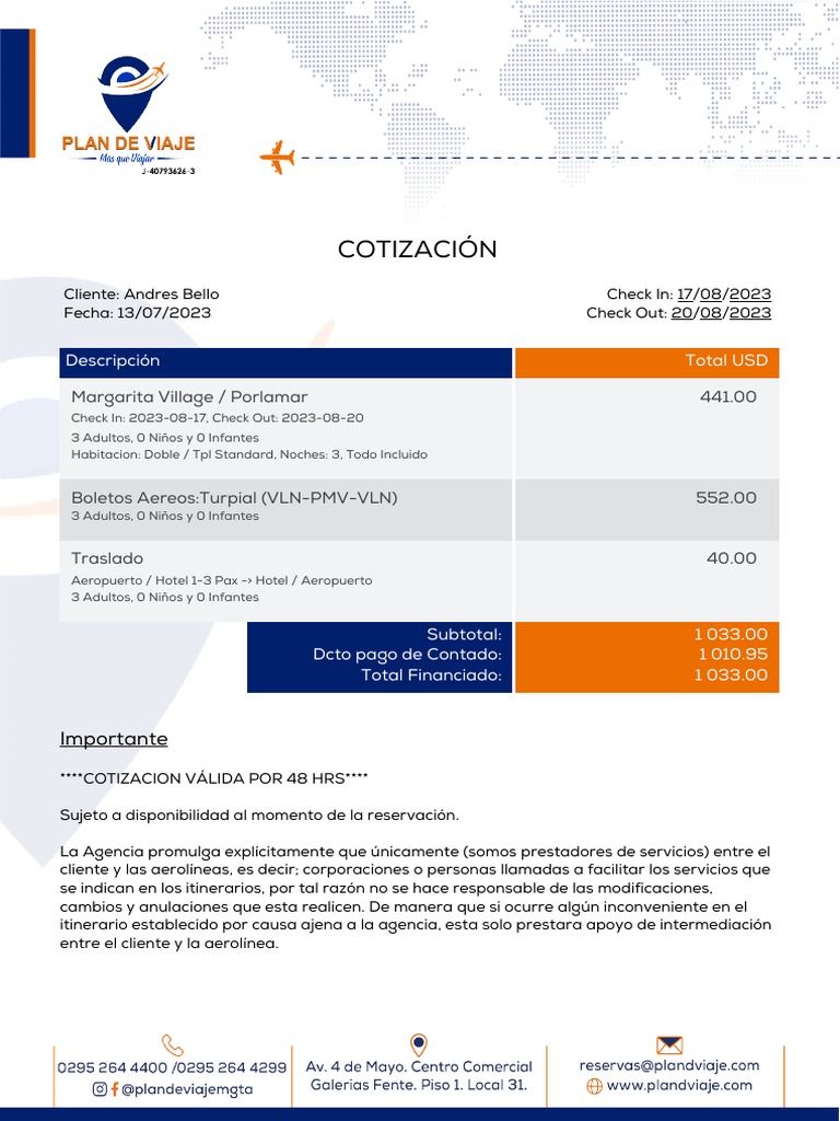 Cotizacion Plan de Viaje ANDRES BELLO | PDF