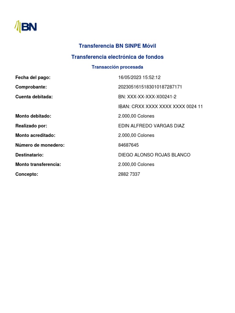 Transferencia BN SINPE Móvil: 2,000 Colones | PDF