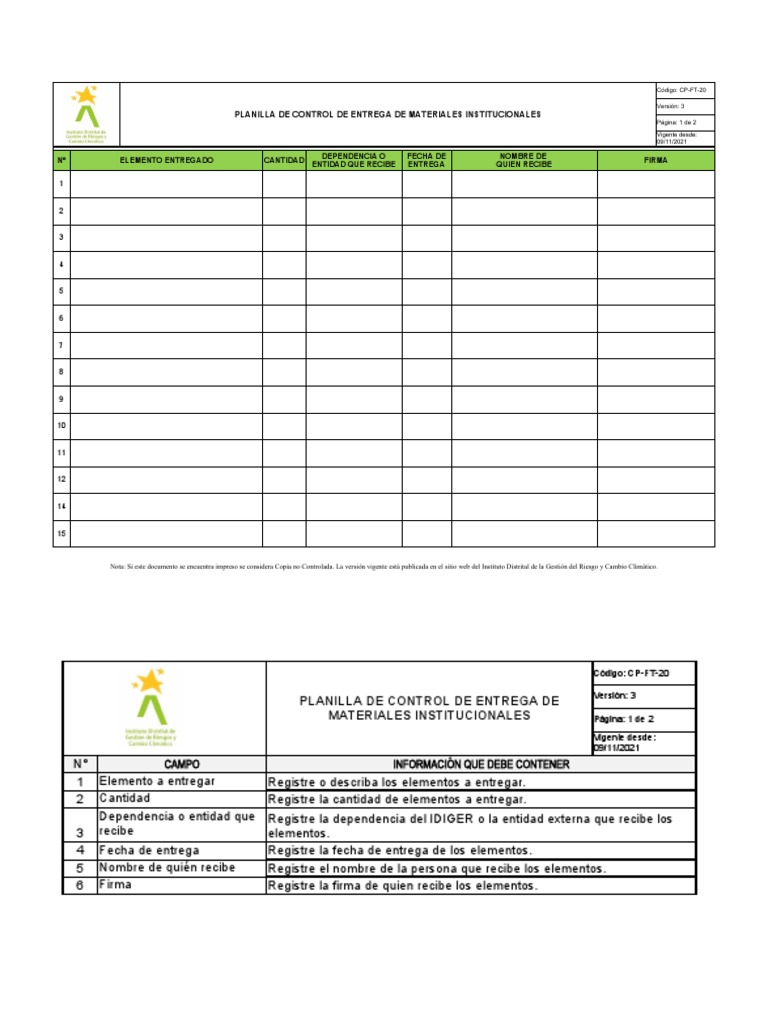 PD-FT-20 Formato Planilla de Control de Entrega de Materiales V3 | PDF ...