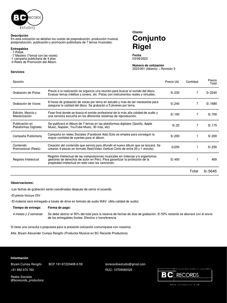 Cotización Conjunto Rigel 4 | PDF | Spotify | Industria de la música