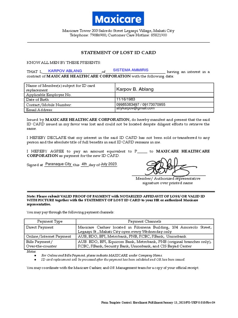 Maxicare Lost ID Card Replacement Process | PDF | Identity Document ...