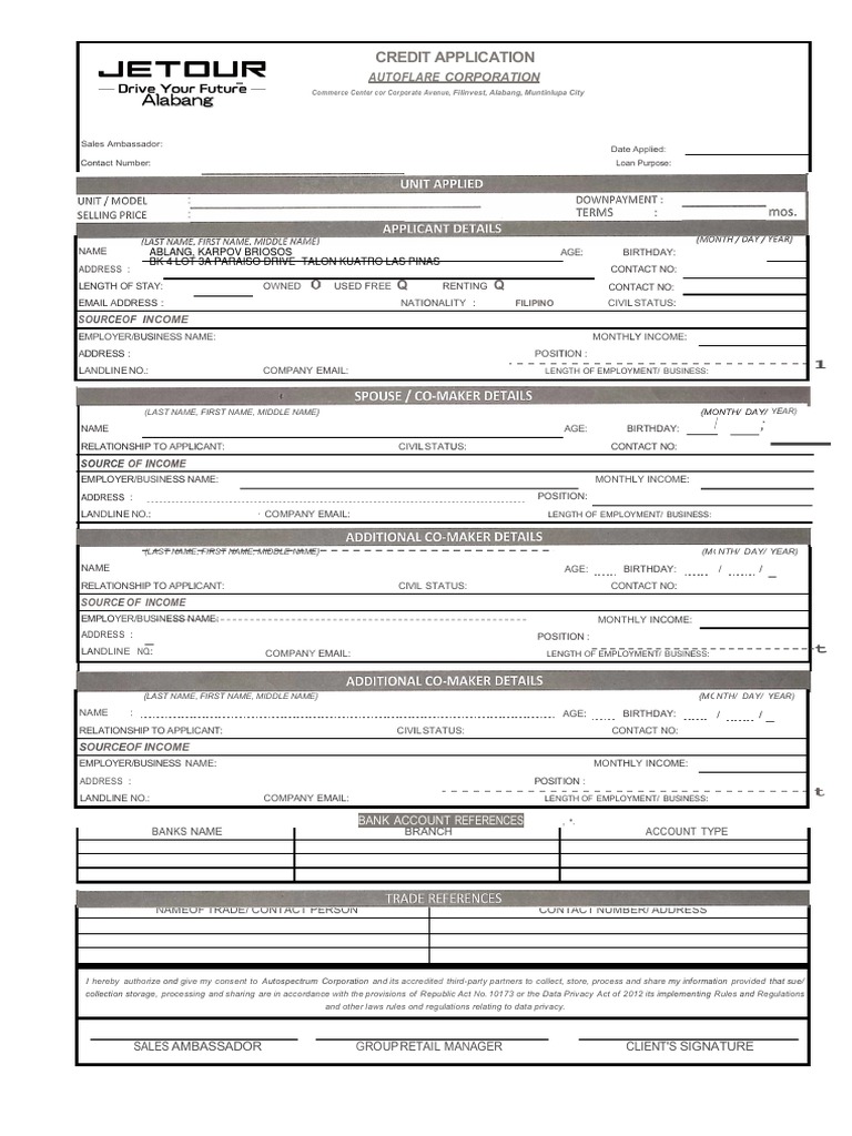 Jetour Credit Application(1) | PDF