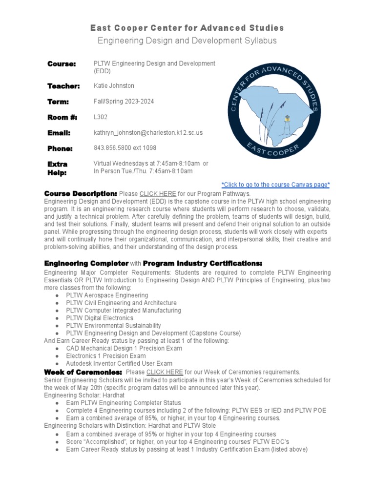 EDD Syllabus for PLTW Engineering Course | PDF | Engineering | Teachers