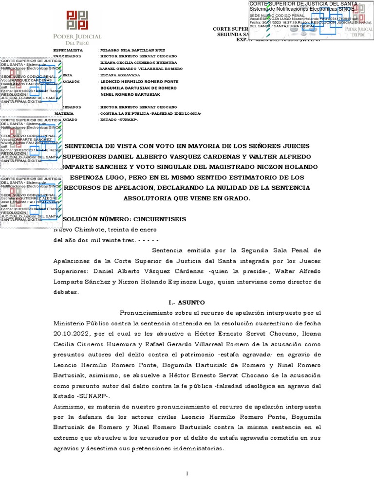 Nulidad de La Sentencia Absolutoria de Hector Servat Chocano | PDF