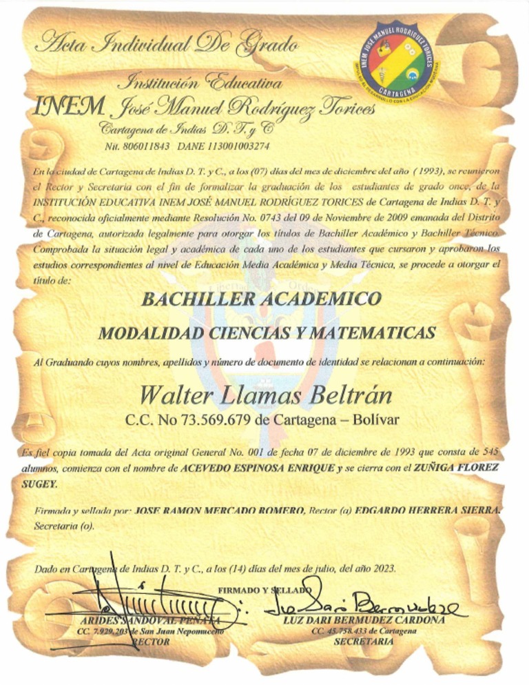 Acta de Grado Inem de Cartagena 2023 | PDF