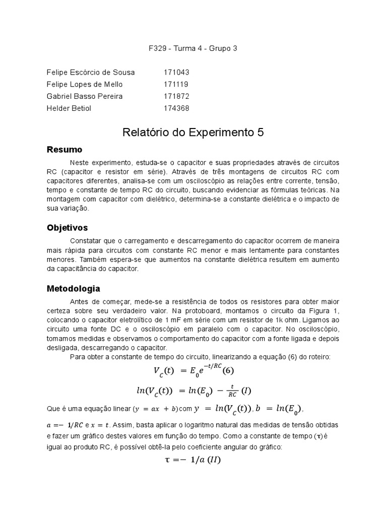 Relatório Do Experimento 5 | PDF | Capacitor | Rede elétrica