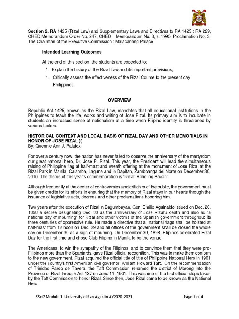 Section 2. RA 1425 (Rizal Law) and Supplementary Laws and Directives To ...