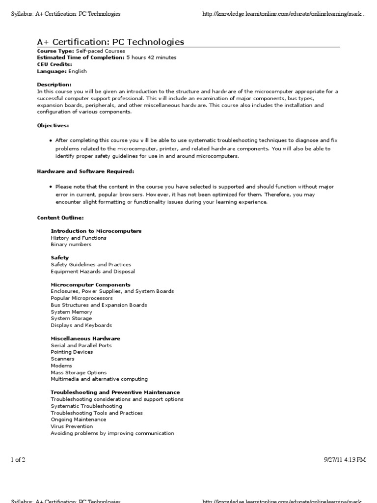 A+ Syllabus | PDF | Microcomputers | Computer Hardware